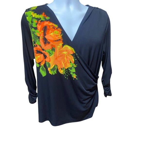 Susan Graver | Tops | Susan Graver Top L Stretchy Knit Mock Wrap Ruche Sleeve Black Floral V ...